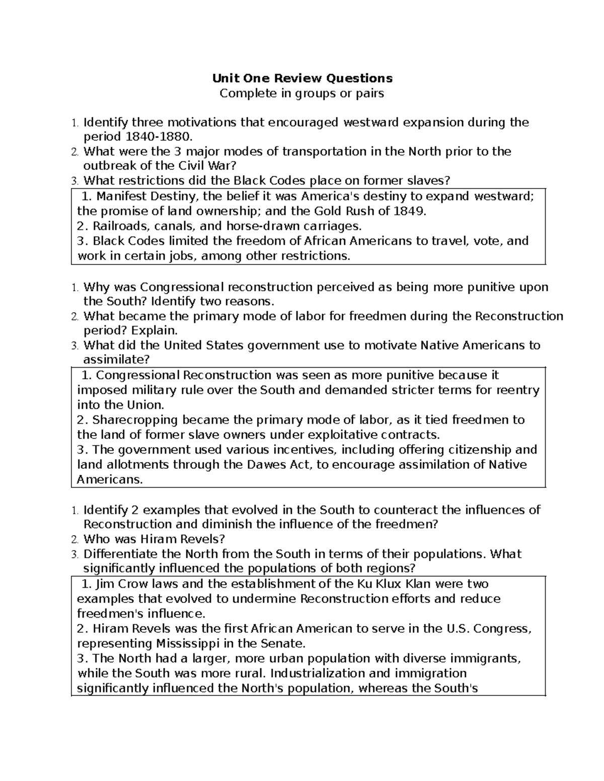 1,1 Unit One Review Questions-1-2 - Unit One Review Questions Complete ...