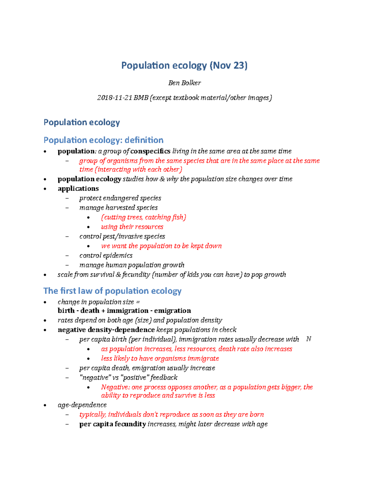 8) Population Ecology - Lecture notes 8 - Population ecology (Nov 23 ...