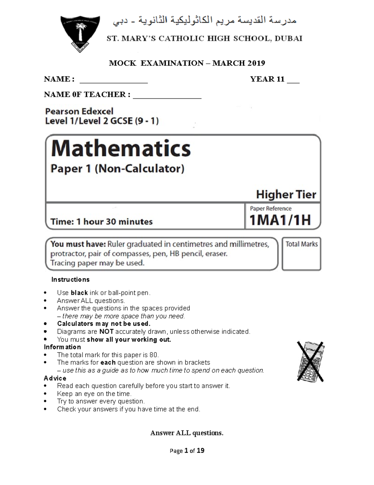 1H 2019 - Review practice before entering math 127 - MOCK EXAMINATION ...