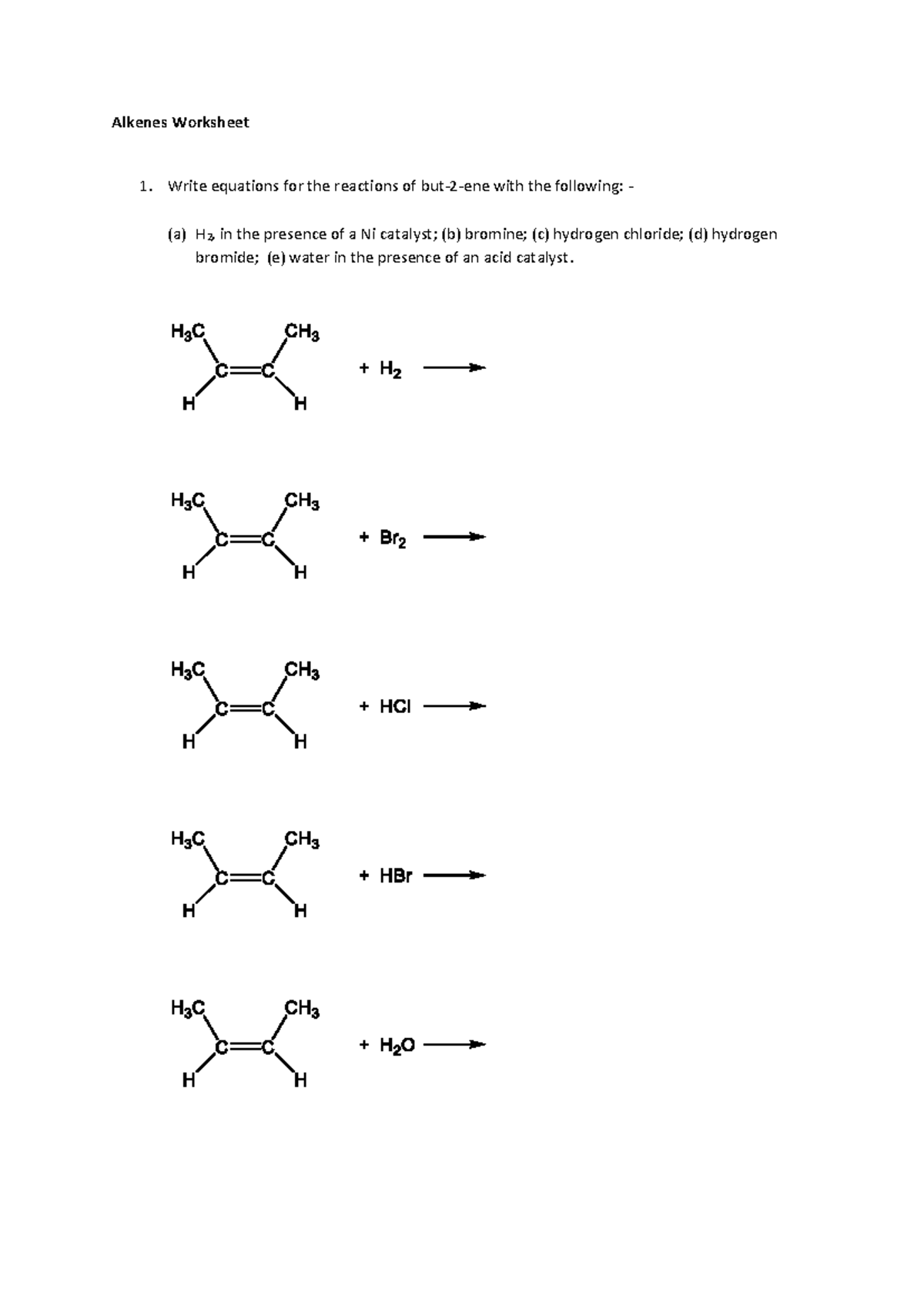 Alkenes Questions - specific topic - Alkenes Worksheet 1. Write ...