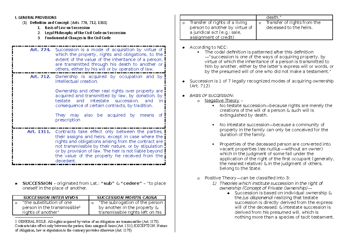 Notes - I. GENERAL PROVISIONS (1) Definition and Concept. (Arts. 774 ...