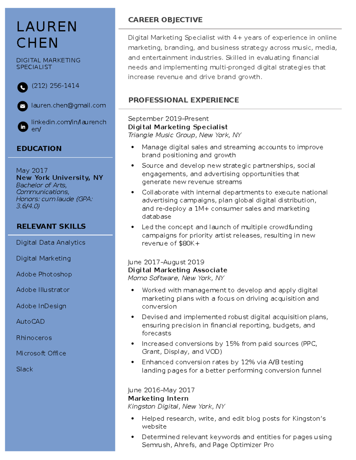 Clean Modern Resume Template Blue - LAUREN CHEN DIGITAL MARKETING ...