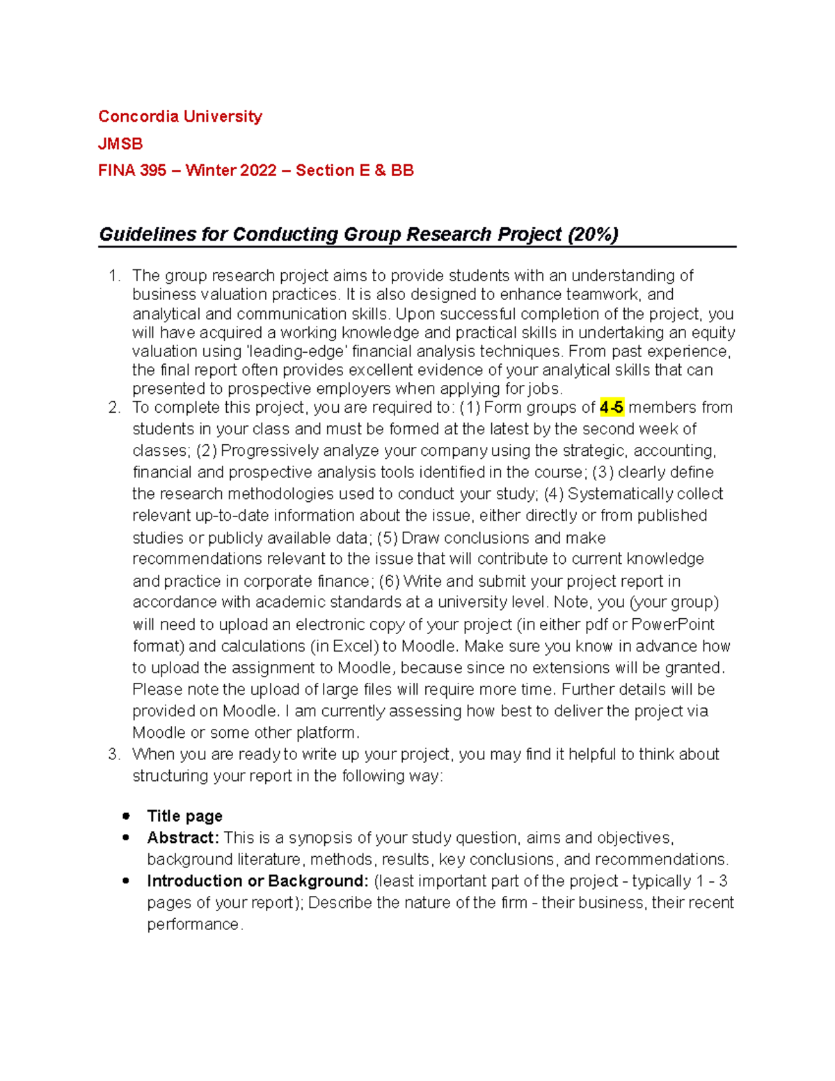 FINA 395-Guidelines for Conducting Group Research Project -Winter 2022 ...