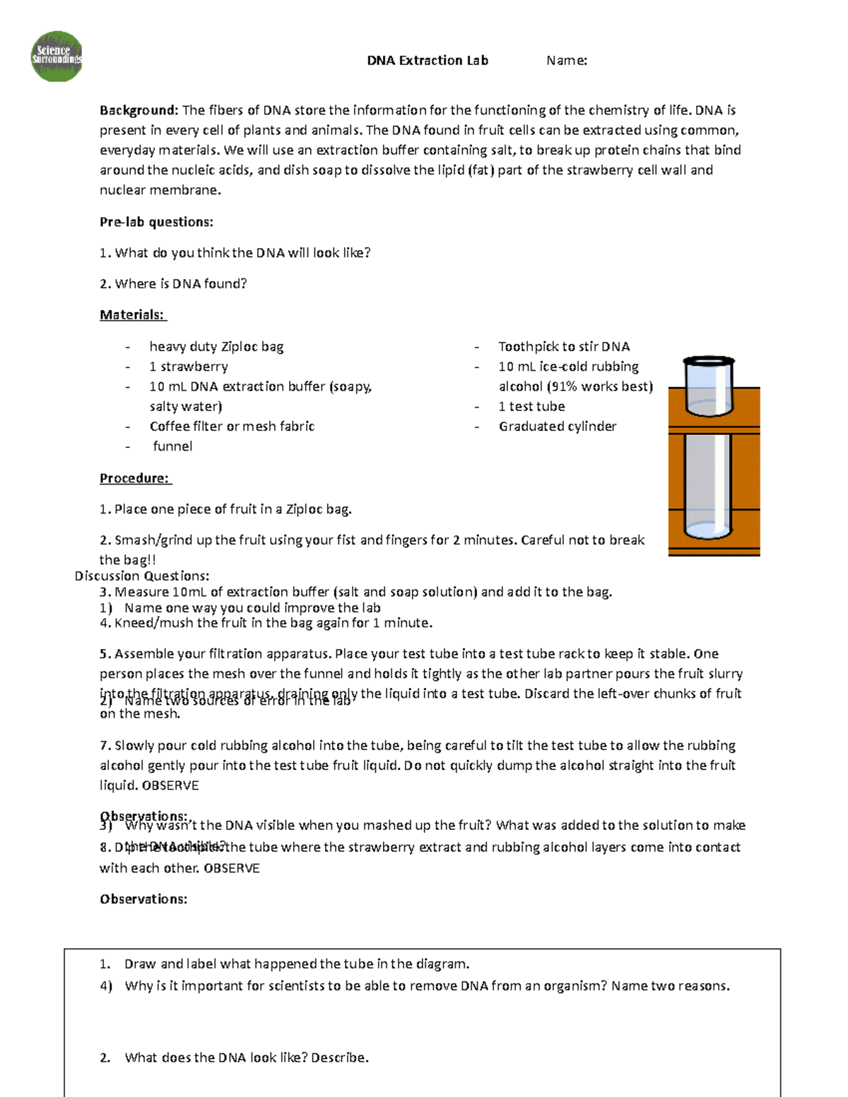 DNA Extraction lab - Lab - DNA Extraction Lab Name: Background: The ...