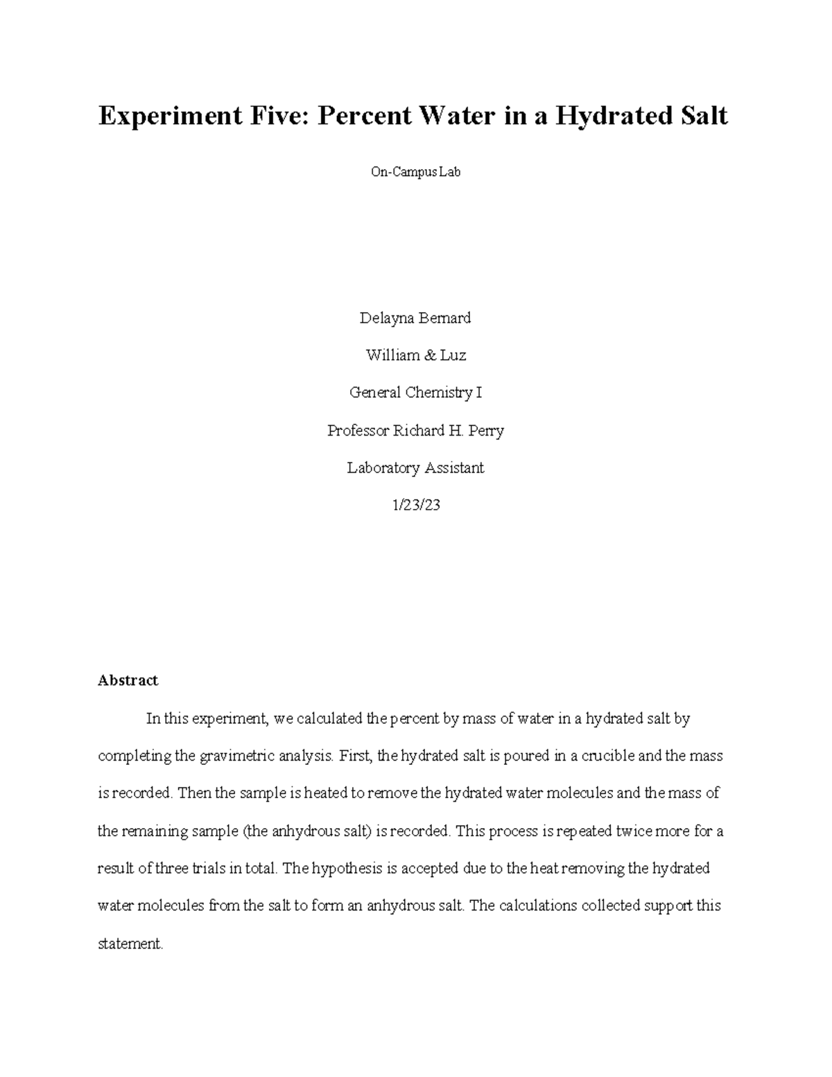Experiment five lab report - chem 1300 - Experiment Five: Percent Water ...
