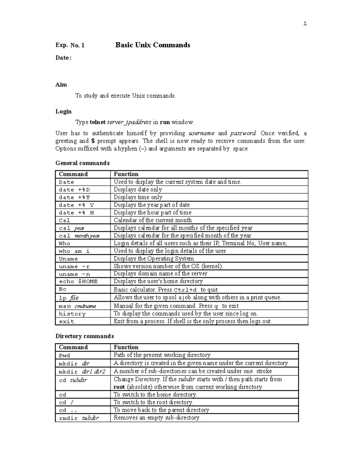 CS8461-OS%20LAB%20 Maual - Exp. No. 1 Basic Unix Commands Date : Aim To study and execute Unix ...