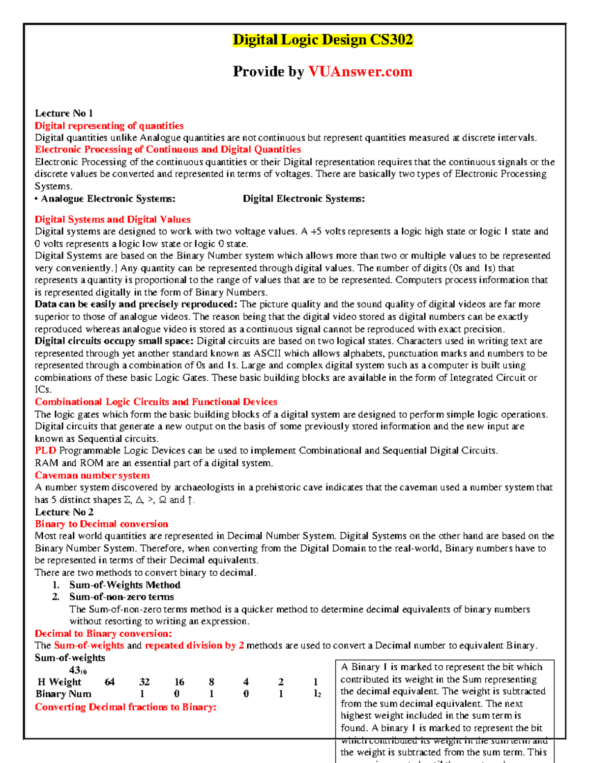 Cs302 Midterm Short Notes Digital Logic Design Cs Provide By Vuanswer Lecture No 1 Digital