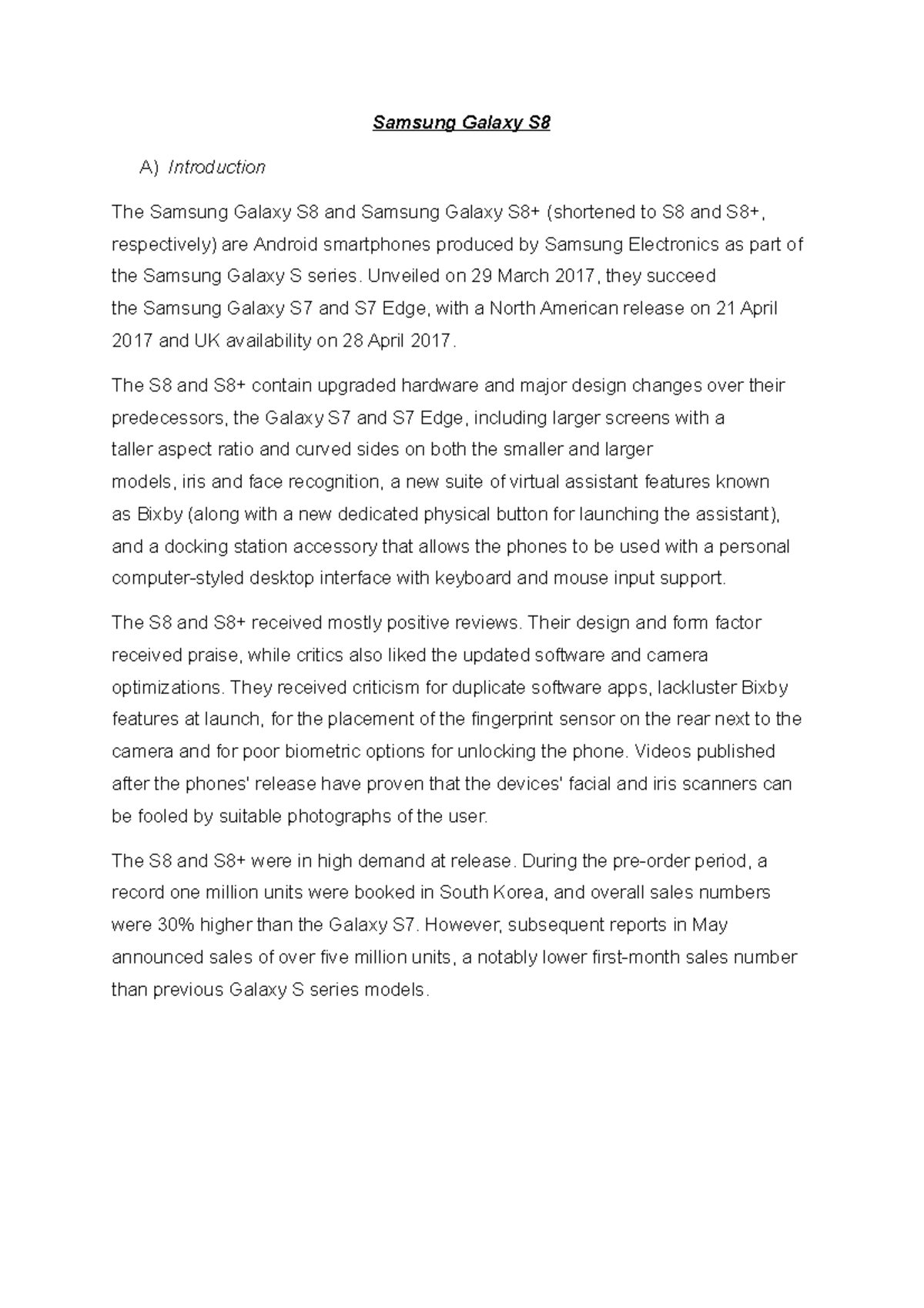 Samsung Galaxy S8 - UNITEN - Samsung Galaxy S A) Introduction The ...