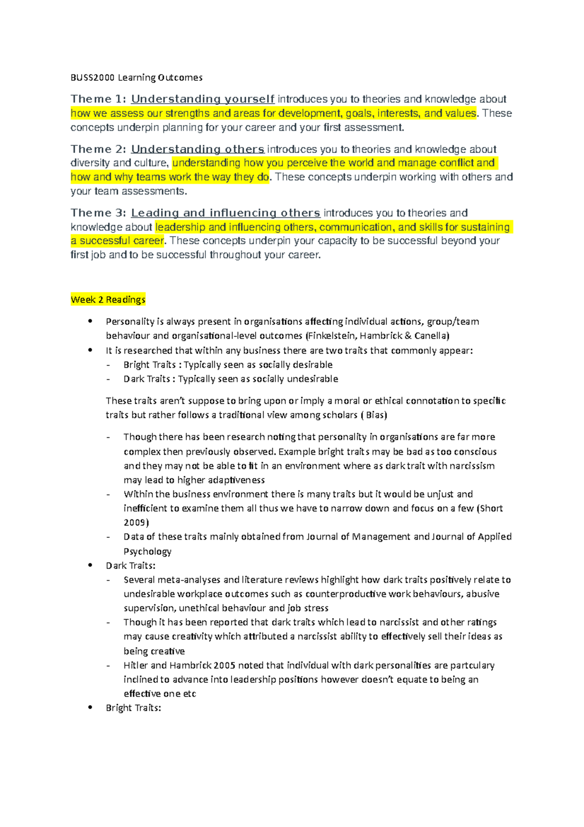 BUSS2000 Readings - BUSS2000 Learning Outcomes Theme 1: Understanding ...