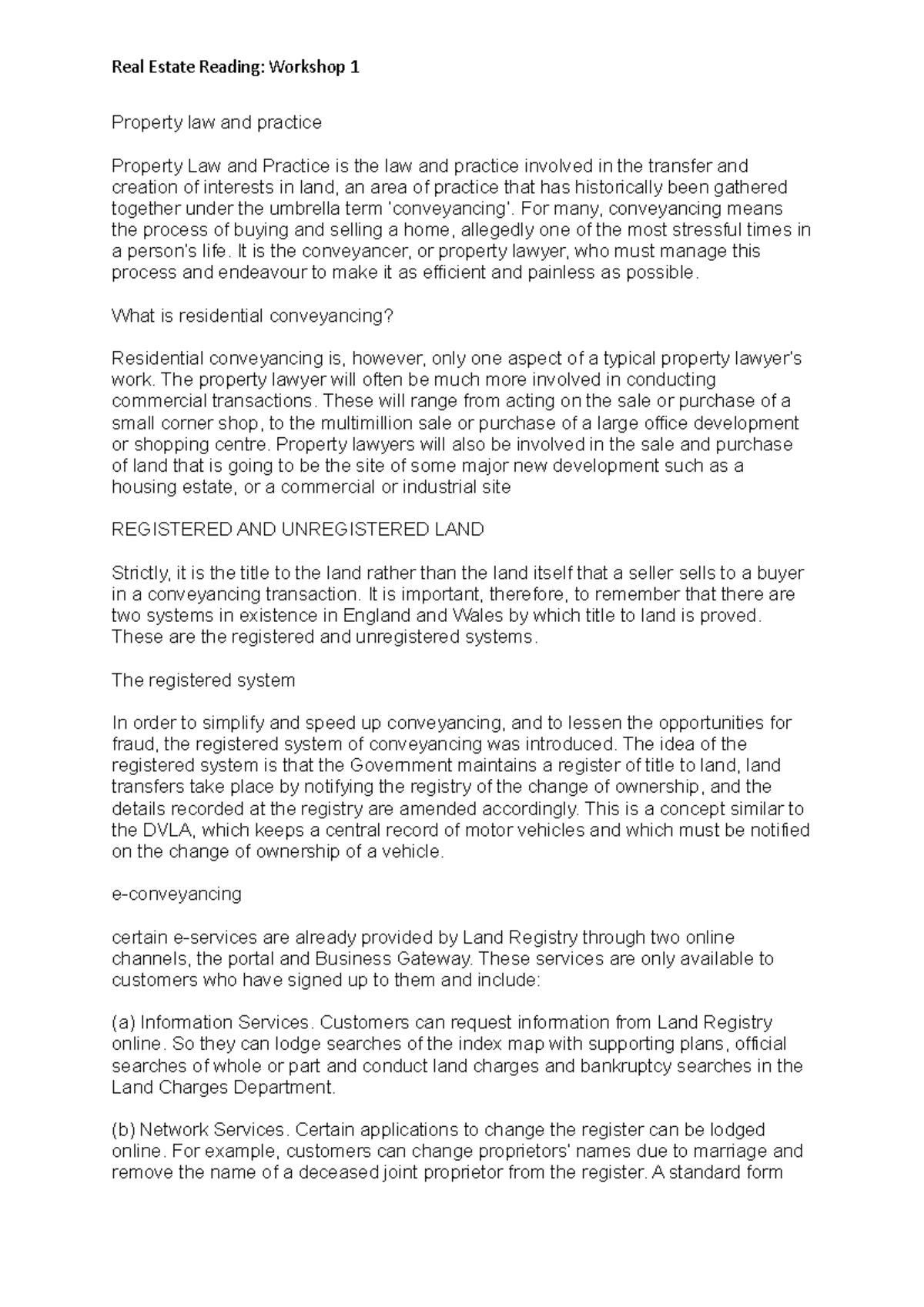 Real Estate Reading- Workshop 1 - Property law and practice Property ...