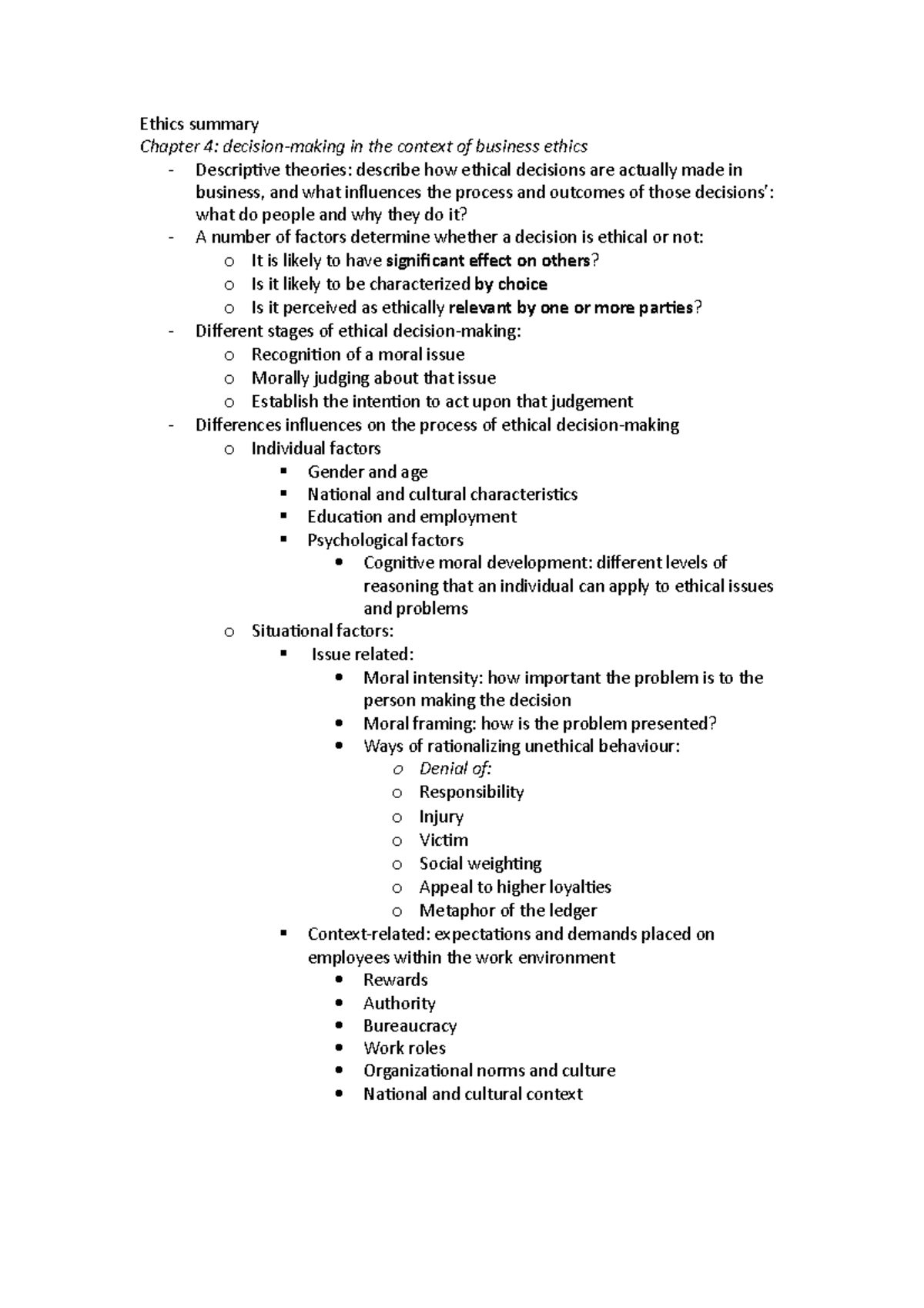 Ethics summary - Ethics summary Chapter 4: decision-making in the ...