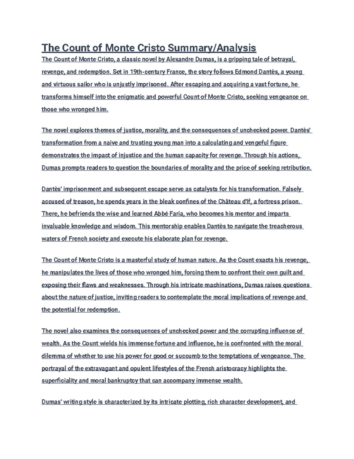 AP Literature The Count of Monte-Cristo Summary/Analysis - The Count of ...