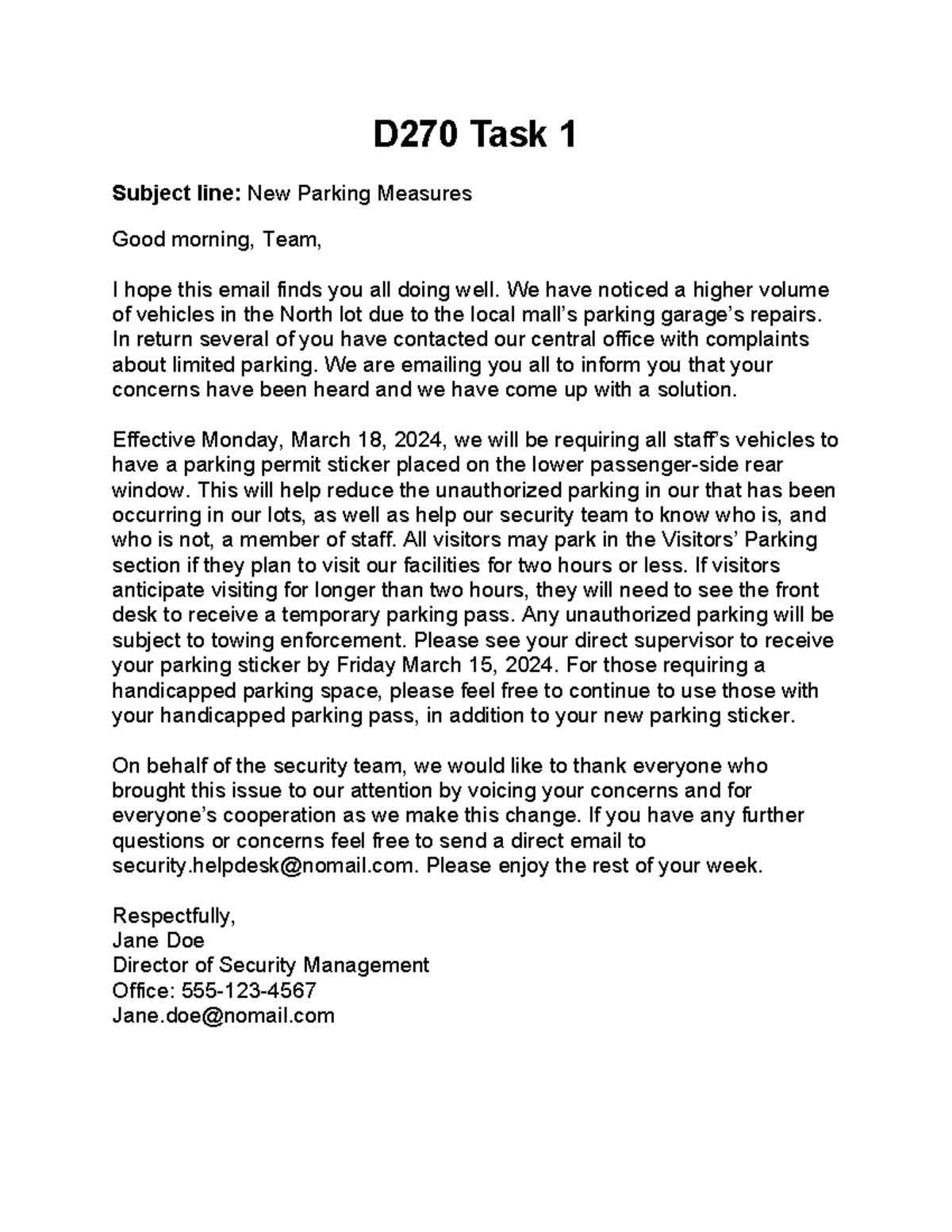 D270 Task 1 - Use as a reference only - D270 Task 1 Subject line: New ...