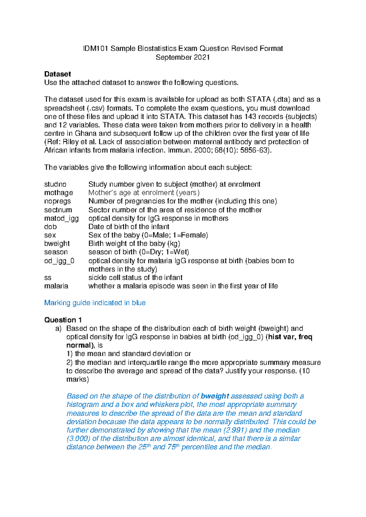 IDM101 Sample Biostatistics Exam Question Revised Format Model Answers ...