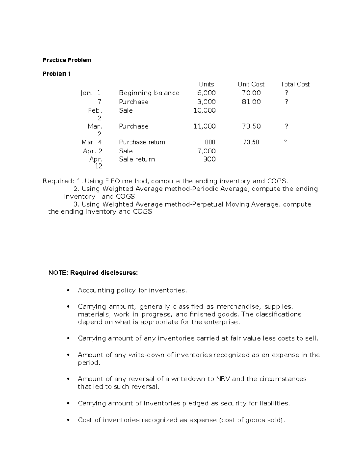 pas 2 inventories - Practice Problem Problem 1 Units Unit Cost Total ...
