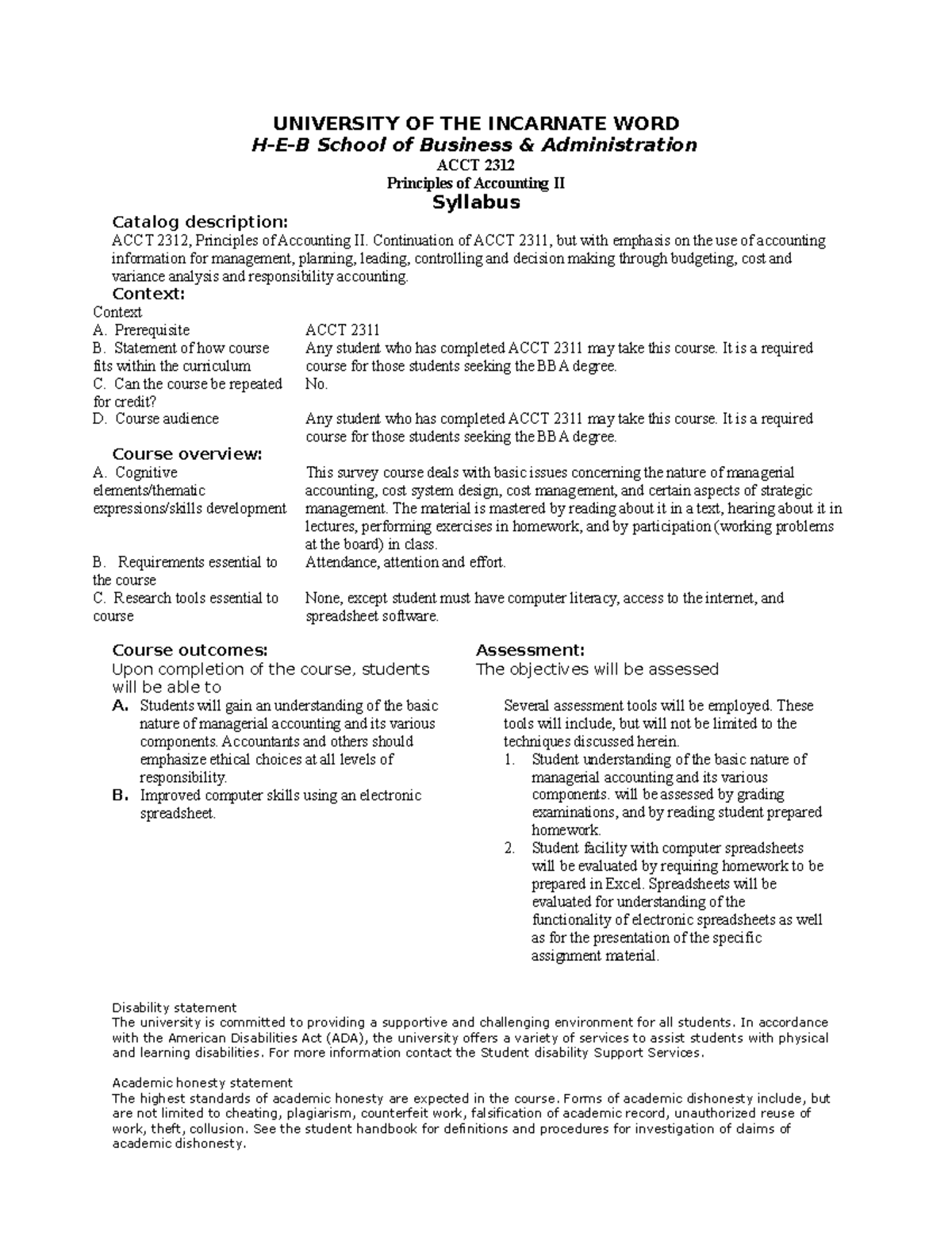 ACCT 2312 Principles of Accounting Syllabus II - UNIVERSITY OF THE ...