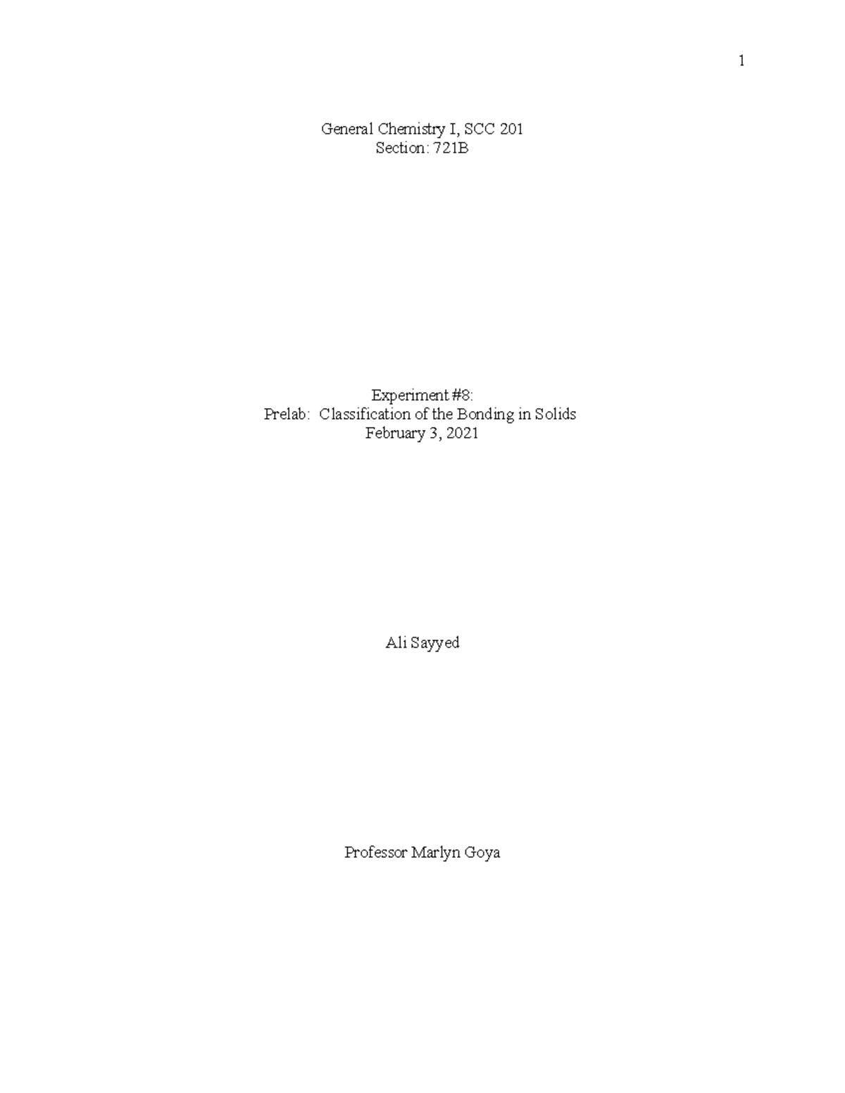 General Chemistry - Prelab 8 - 1 General Chemistry I, SCC 201 Section ...