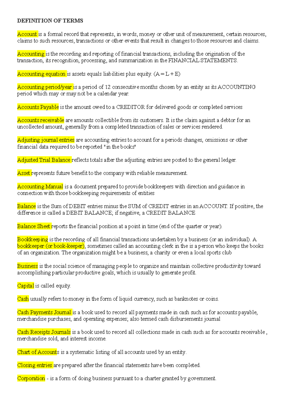 Basic Accounting - lecture - DEFINITION OF TERMS Account is a formal ...