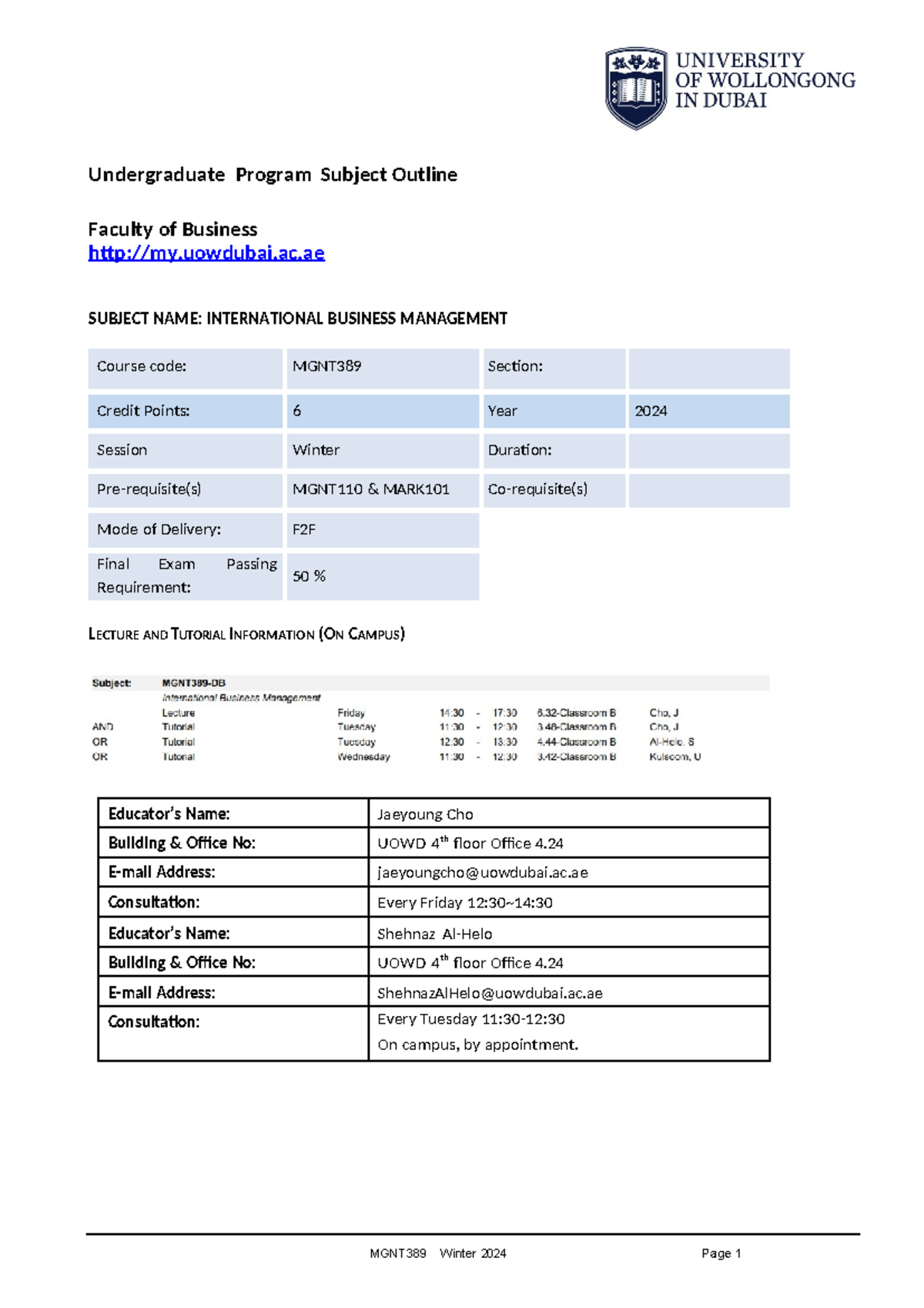 UOWD-MGNT389-Winter 2024 Subject Outline (Updated Final Version ...