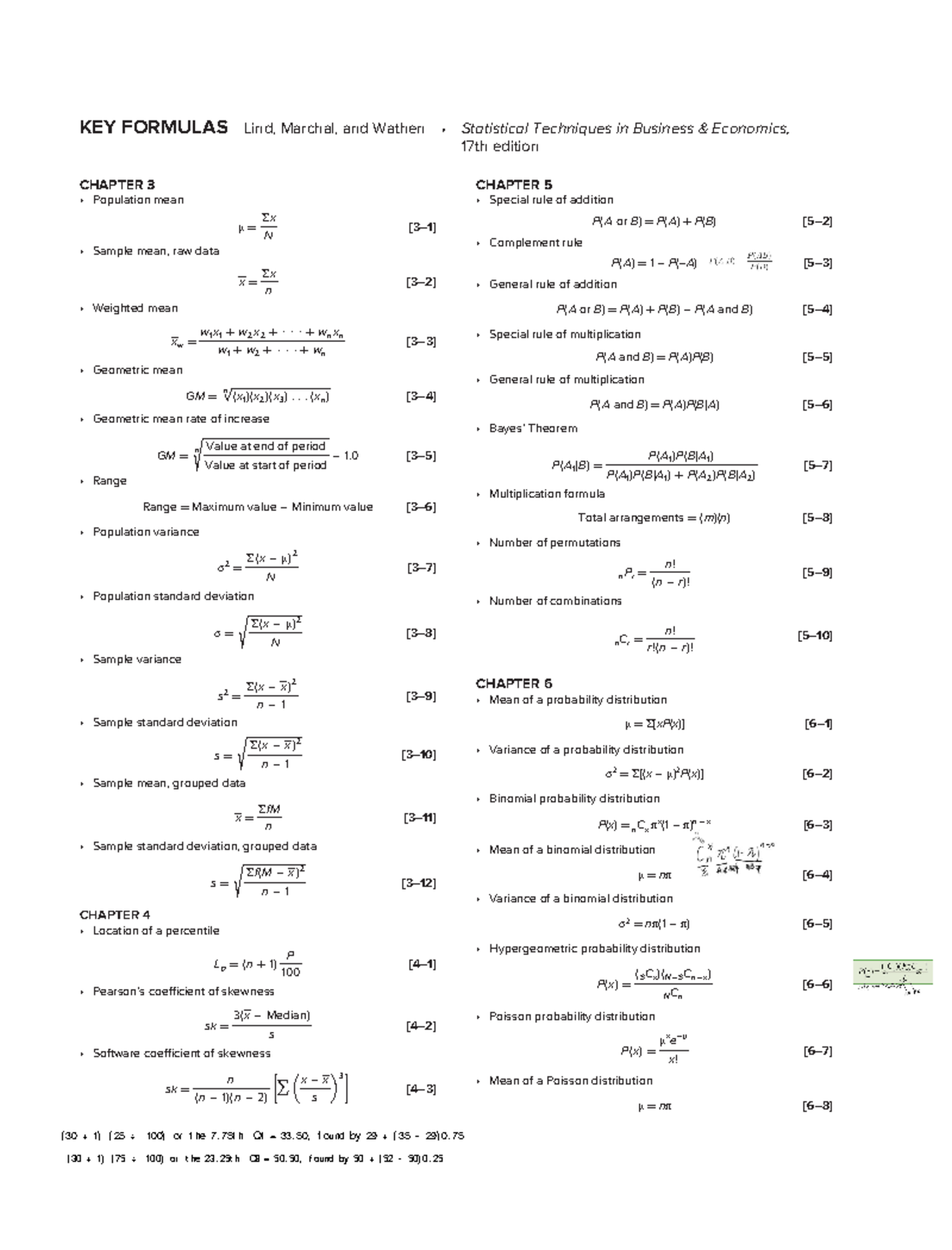 Formulas and Tables AS - ####### CHAPTER 3 Population mean μ = Σx N [3 ...