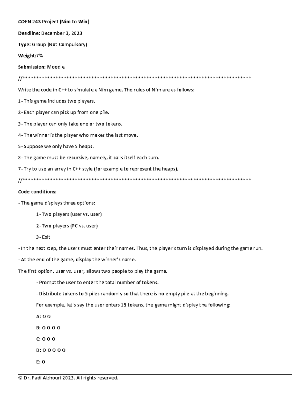 COEN 243 Project F 2023 - © Dr. Fadi Alzhouri 2023. All rights reserved. COEN 243 Project (Nim ...