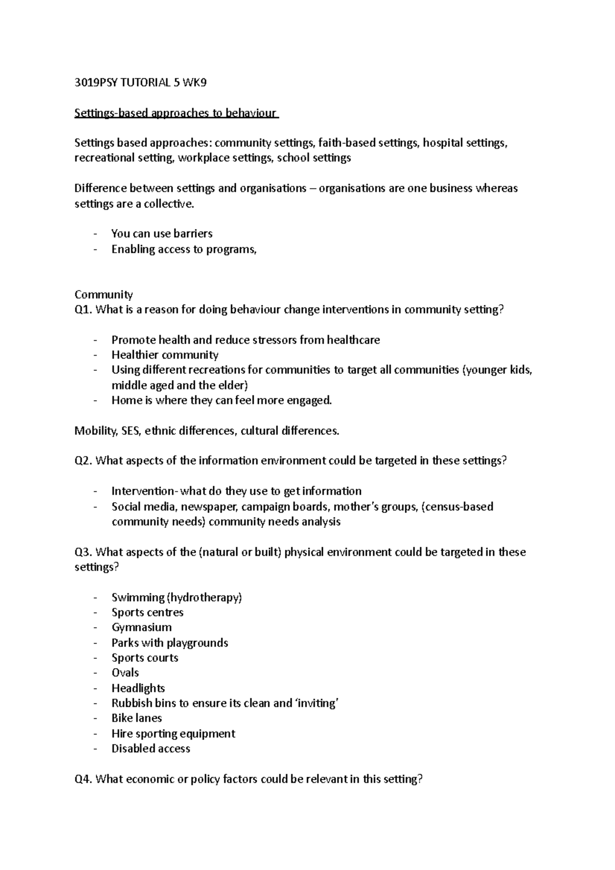 3019PSY Tutorial 5 WK9 - 3019PSY TUTORIAL 5 WK Settings-based ...