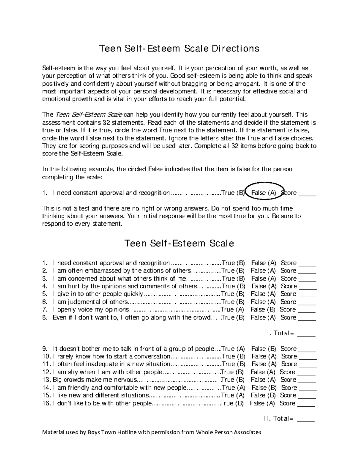 Teen-self-esteem - reference scale for teen self-esteem. can be used ...