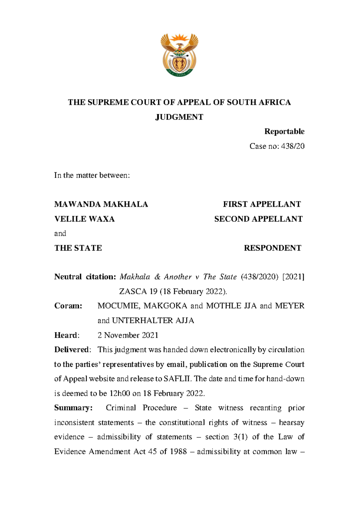 Makhala & Another v S - CASE - ` THE SUPREME COURT OF APPEAL OF SOUTH ...
