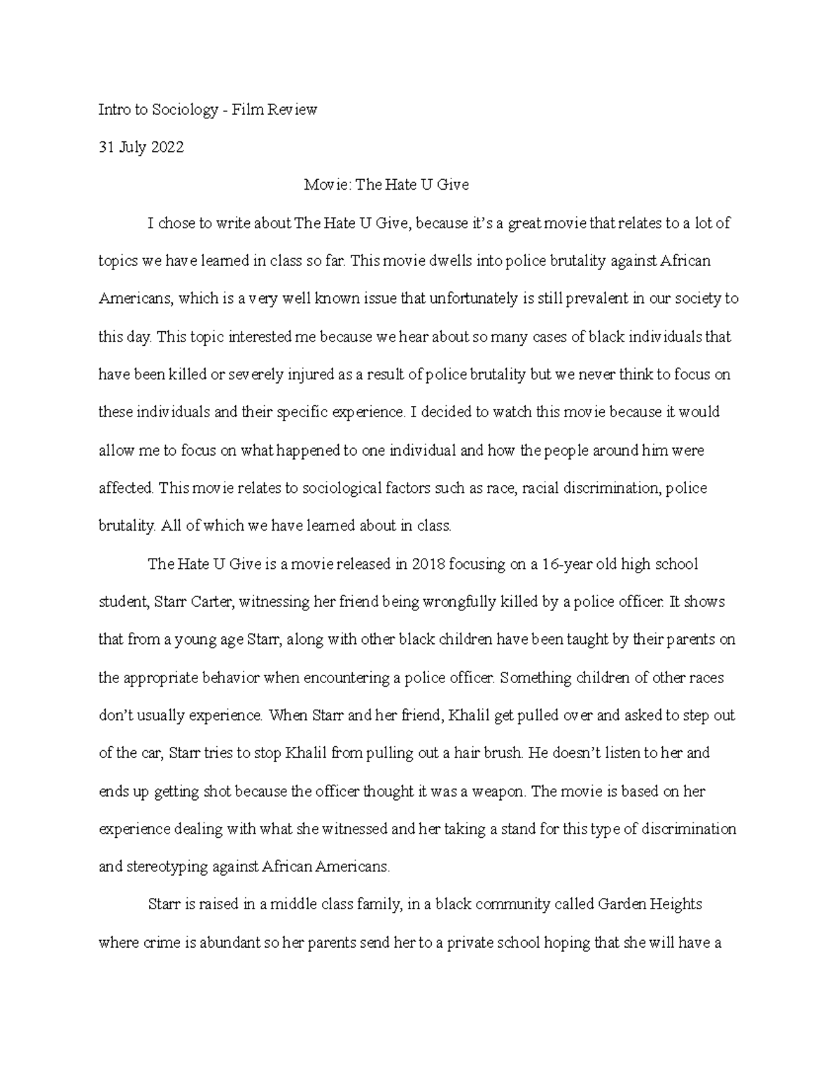 Sociological Film Review - Intro to Sociology - Film Review 31 July ...