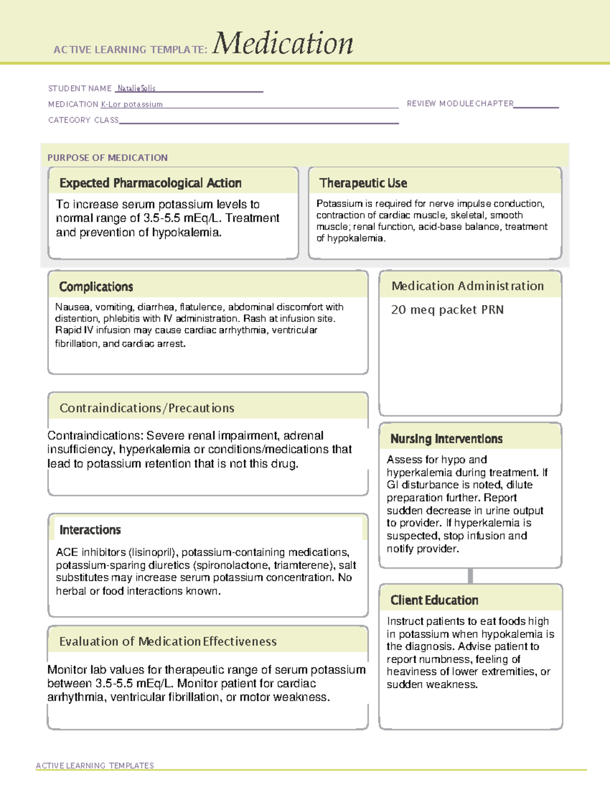 Potassium - south texas college - ACTIVE LEARNING TEMPLATE: Medication ...