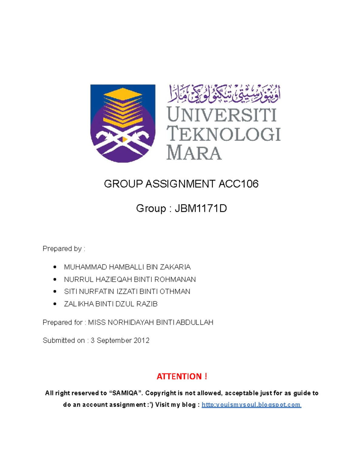 Acc106-assignment (NOT MINE) - GROUP ASSIGNMENT ACC Group : JBM1171D ...