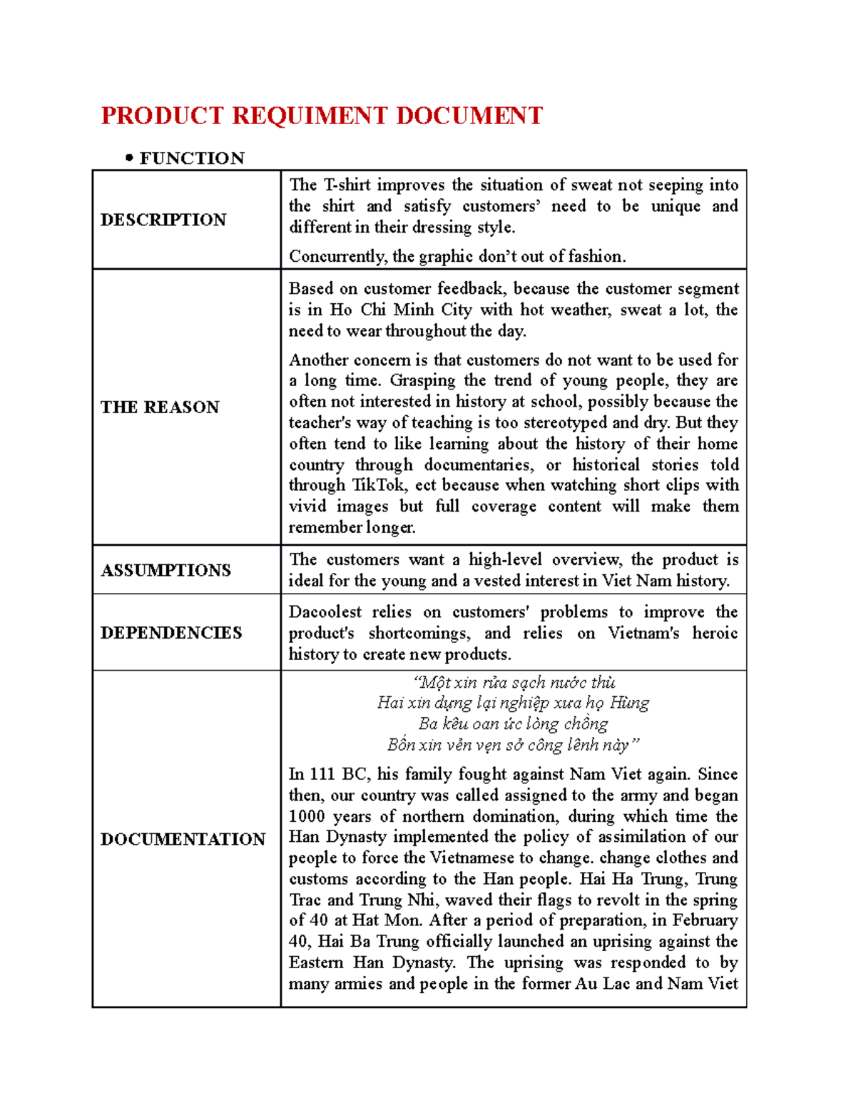 PRD - mẫu prd - PRODUCT REQUIMENT DOCUMENT FUNCTION DESCRIPTION The T ...