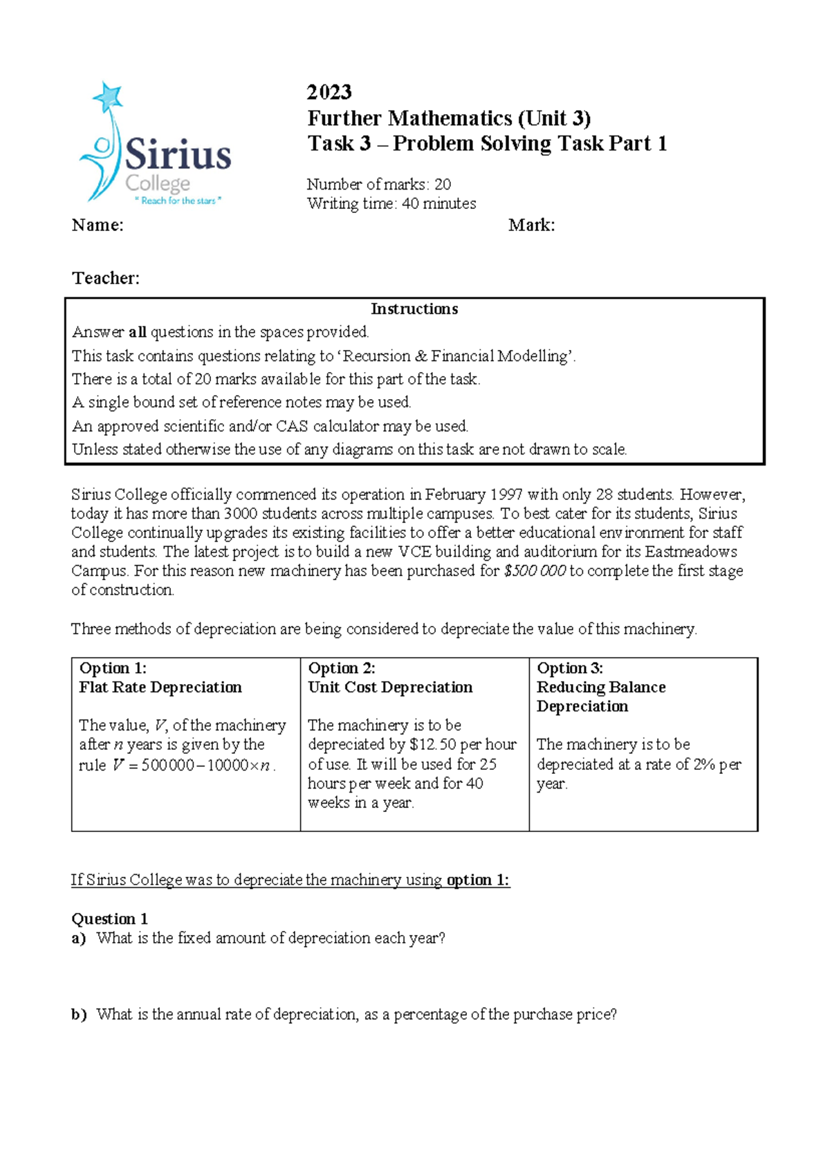 2023 FM Problem Solving Task - 2023 Further Mathematics (Unit 3) Task 3 ...