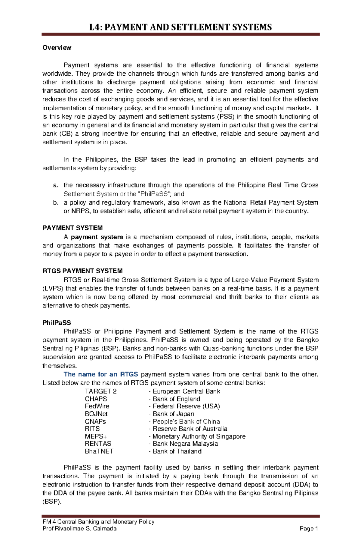 L4 Payment and Settlement System Mid - FM 4 Central Banking and Monetary Policy Overview Payment ...