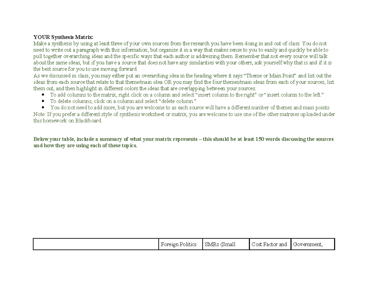 HW 11 - Synthesis Matrix 1 - YOUR Synthesis Matrix: Make a synthesis by ...