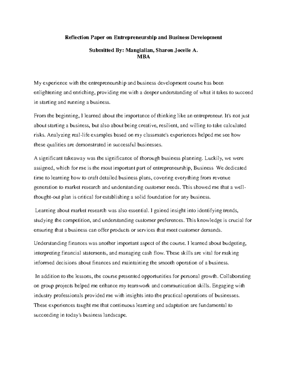 Reflection Paper on Entrepreneurship and Business Development - MBA My ...