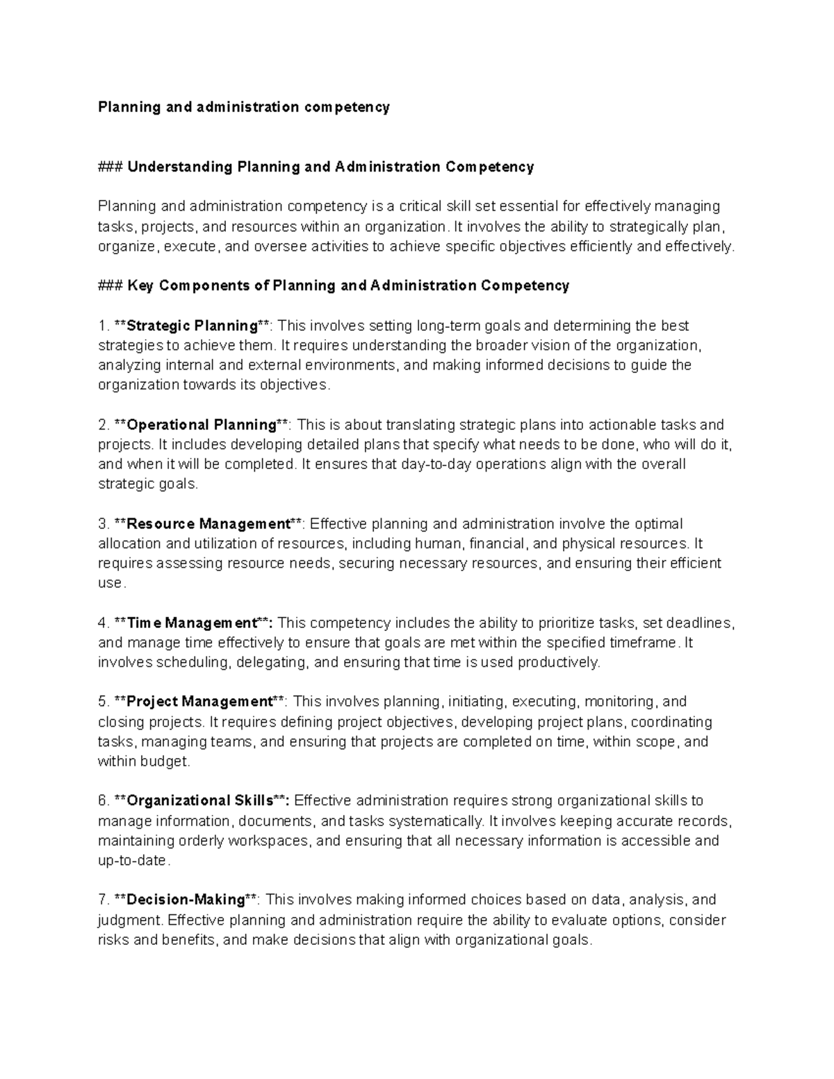 Planning and administration competency - Planning and administration ...