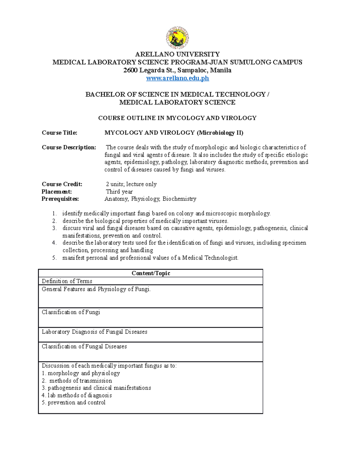 Course Outline Mycology and Virology - ARELLANO UNIVERSITY MEDICAL ...
