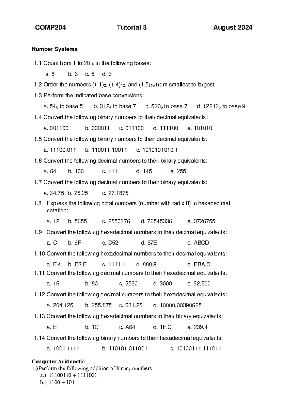 COMP204 Tutorial 3 - questions only - COMP204 Tutorial 3 August 2024 Number Systems 1 Count from ...