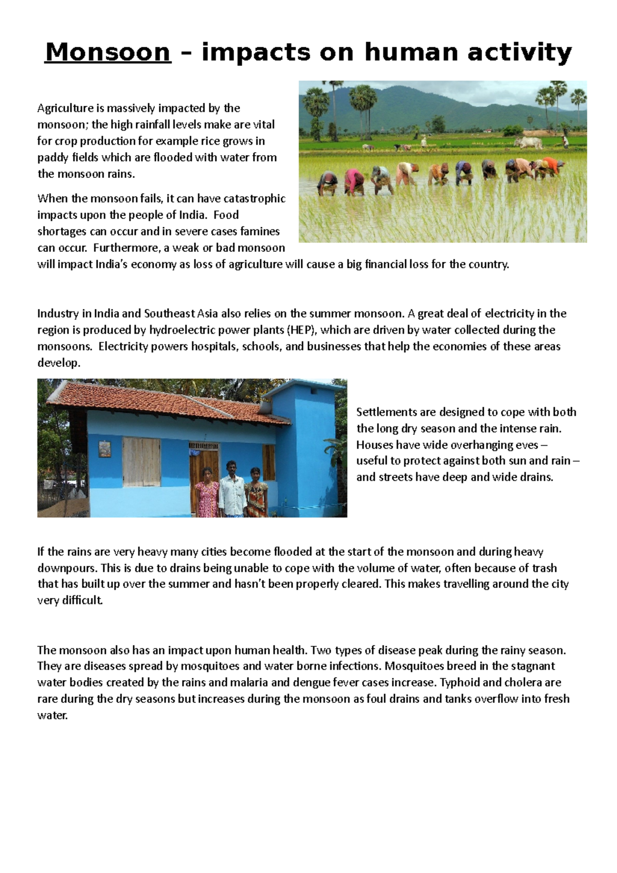 Monsoon Summary for Geography Urban studies - Monsoon – impacts on ...