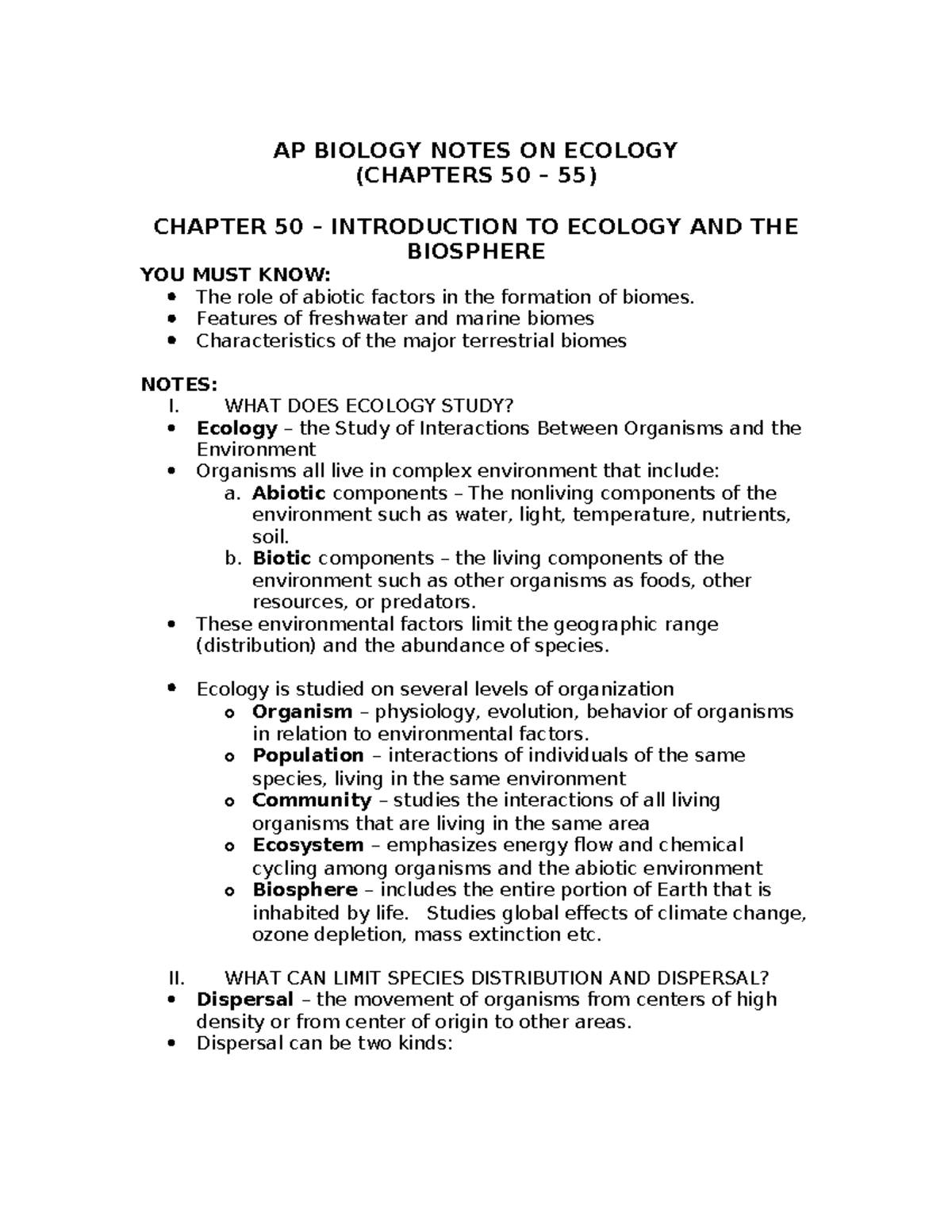 Ecology AP BIOLOGY - AP BIOLOGY NOTES ON ECOLOGY (CHAPTERS 50 – 55 ...