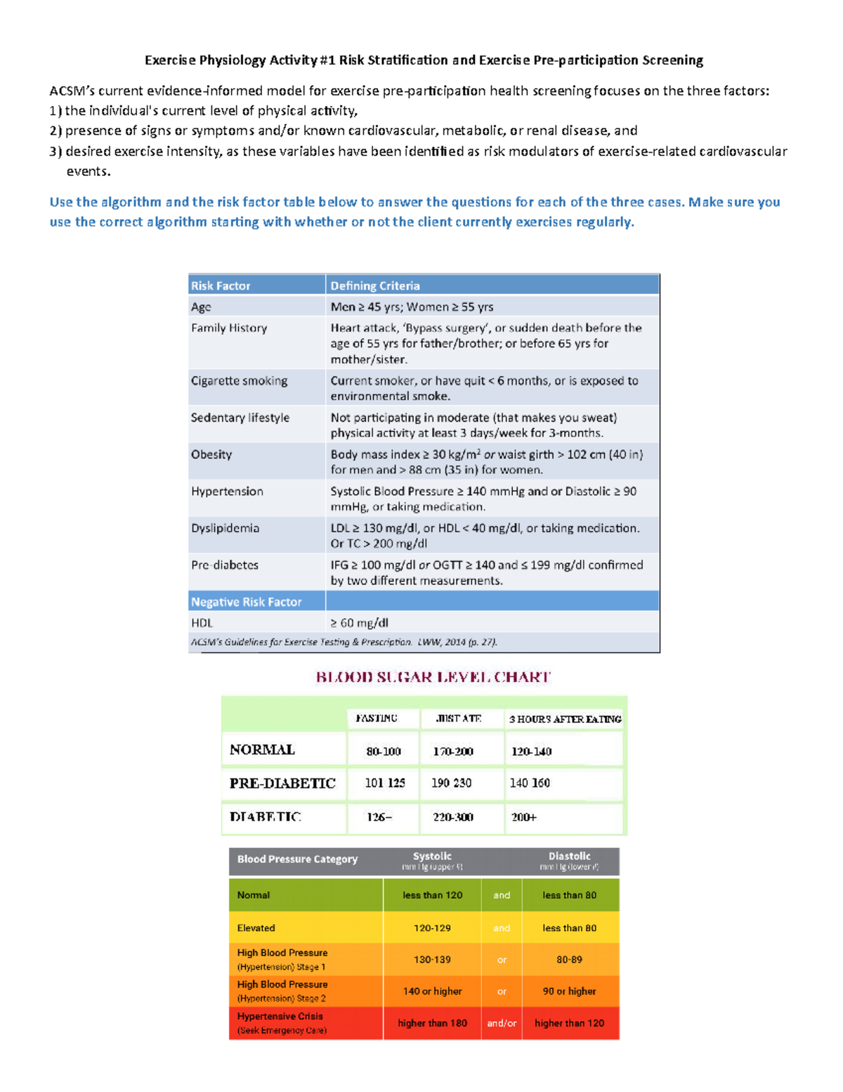 1a -Exercise Physiology Activity - Exercise Physiology Activity #1 Risk ...