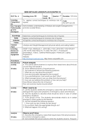 Physical Education - SEMI-DETAILED LESSON PLAN IN MAPEH 10 DLP No.: 7 ...