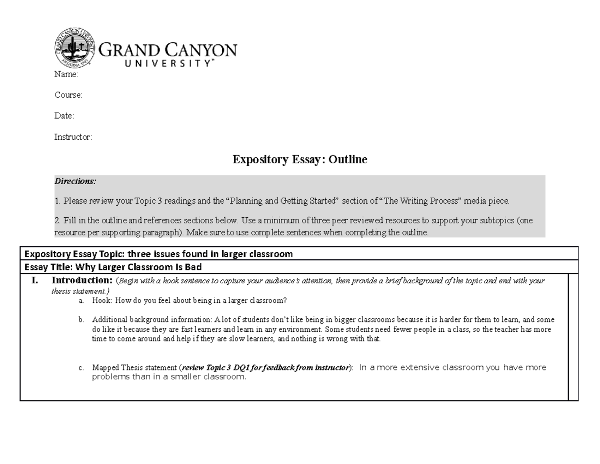 UNV 104 RS T3 Expository Essay Outline - Name: Course: Date: Instructor ...