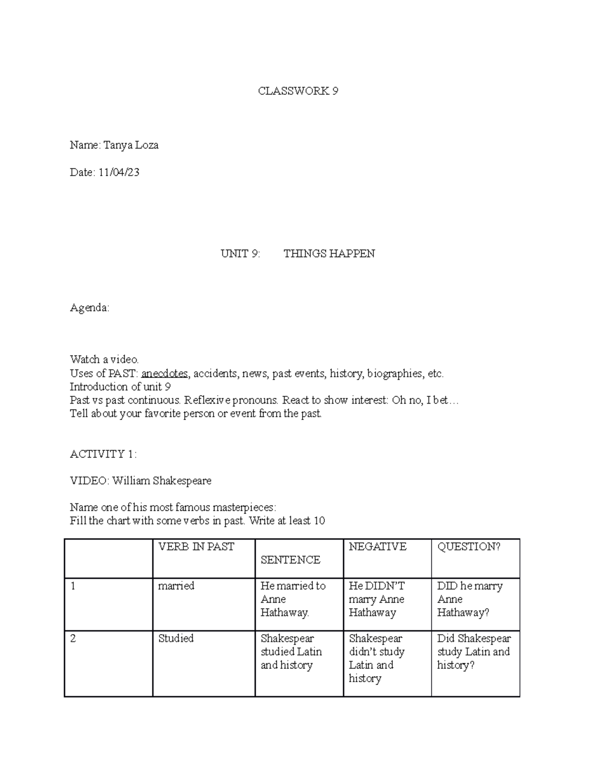 Classwork 9 - Práctica en clase - ingles - UCE - Studocu