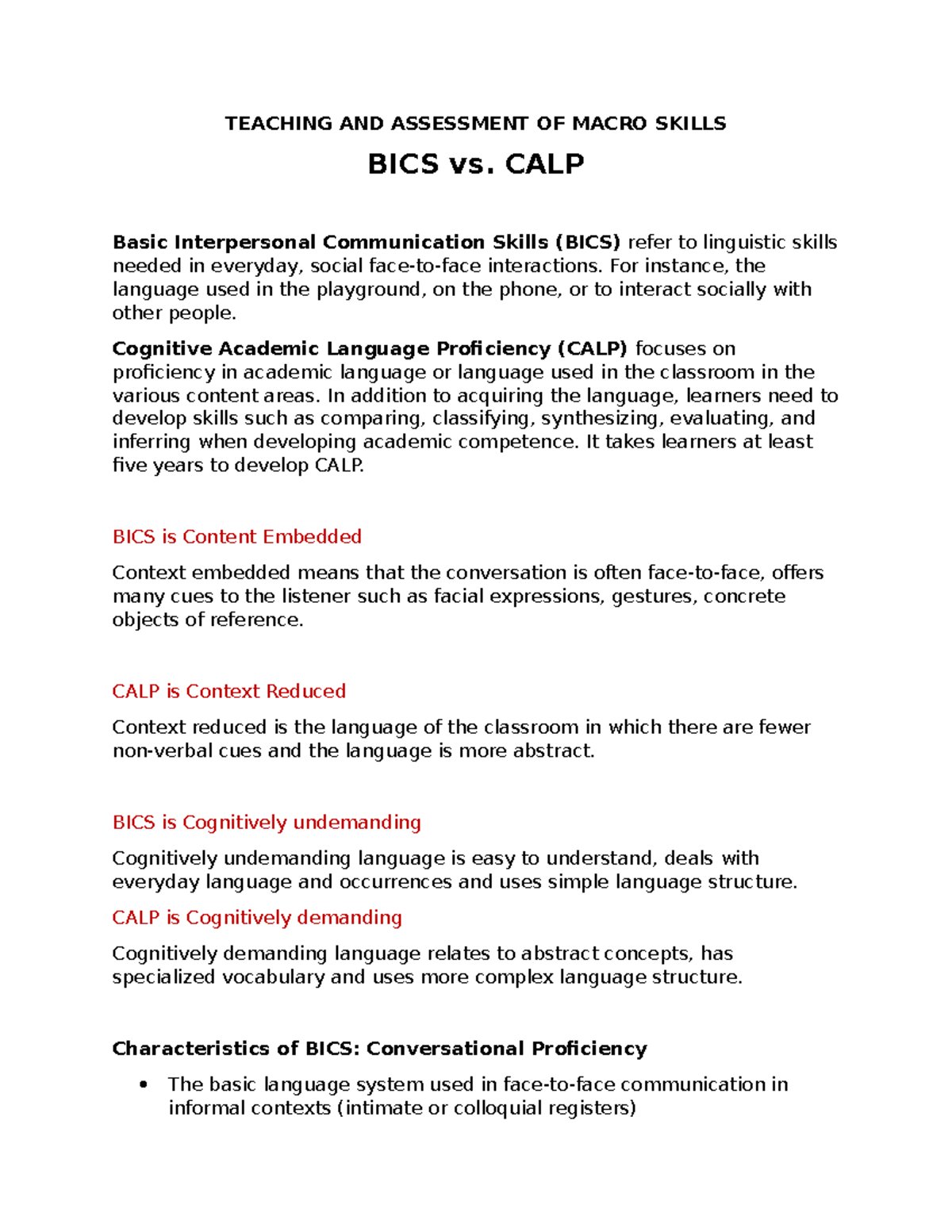 Teaching AND Assessment OF Macro Skills BICS vs. CALP - TEACHING AND ...