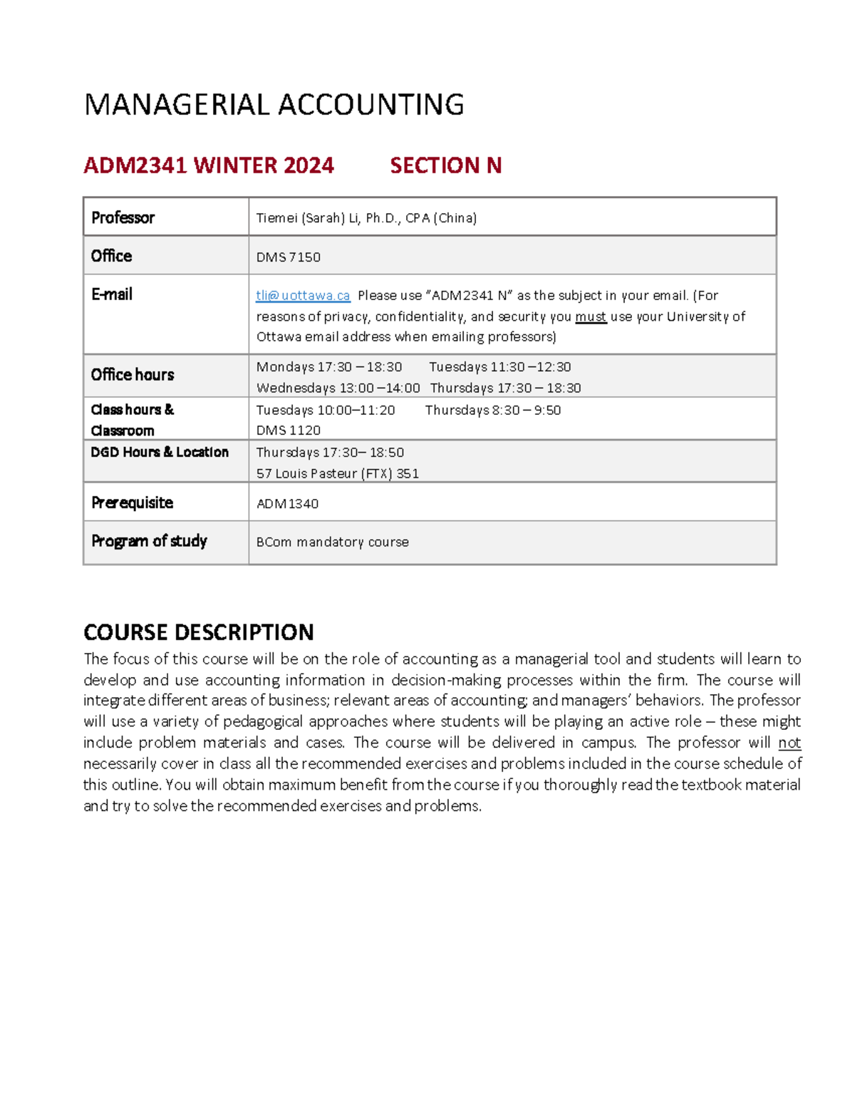 ADM2341-Section N-Course outline Winter 2024 Tiemei Li2 - MANAGERIAL ...