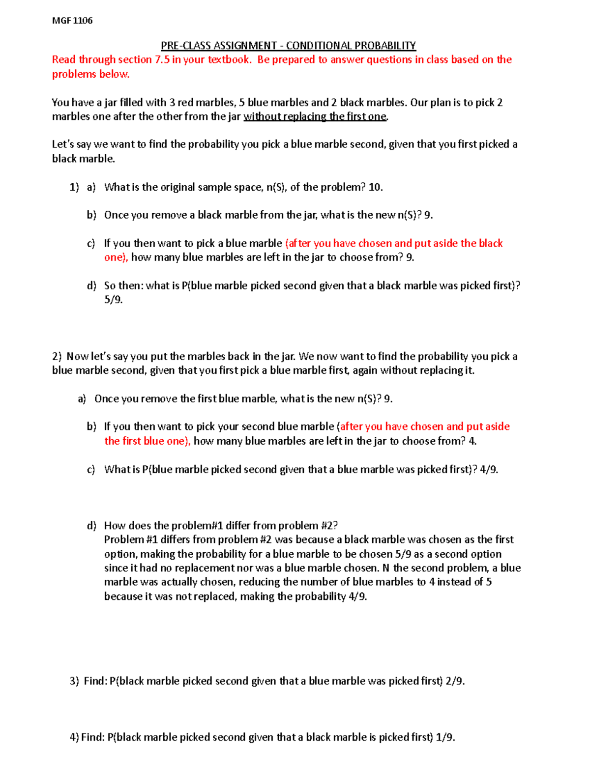 Pre class week 4 comp - MGF 1106 PRE-CLASS ASSIGNMENT - CONDITIONAL PROBABILITY Read through ...