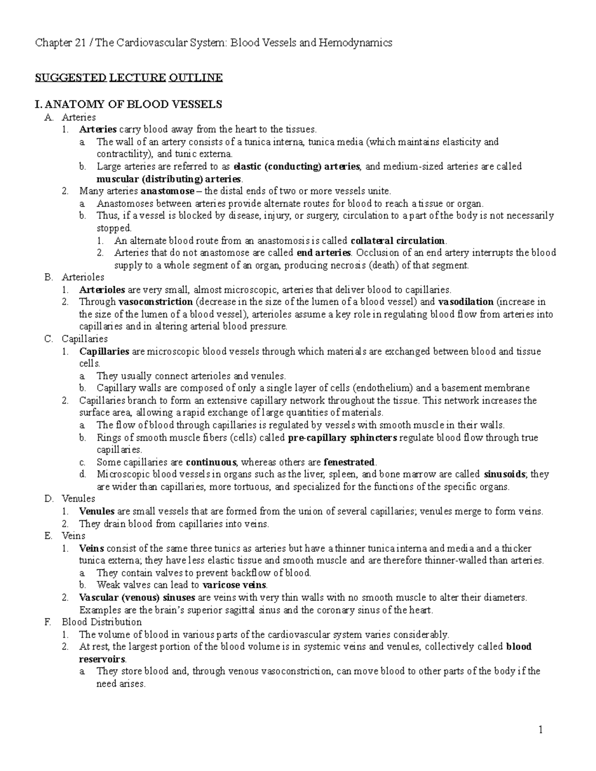 Chapter 21 Blood Vessels - SUGGESTED LECTURE OUTLINE I. ANATOMY OF ...