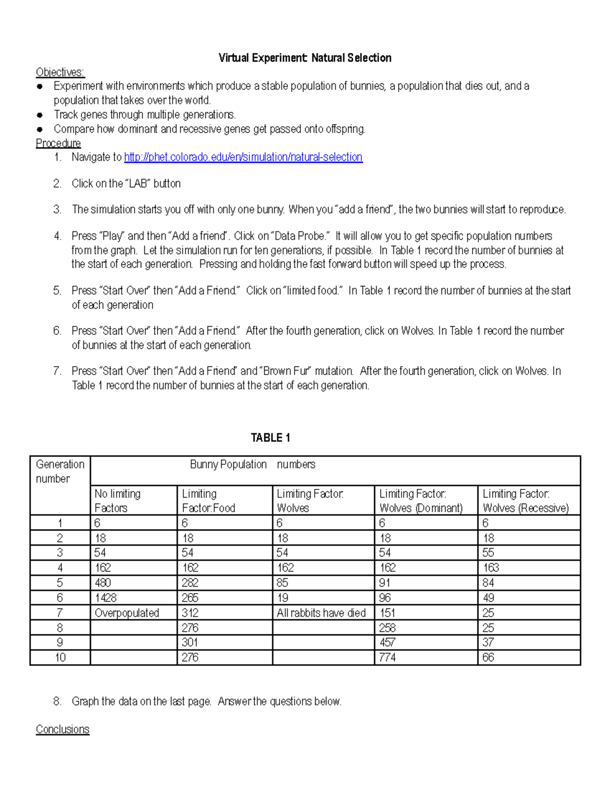 Activity - Virtual Experiment for Natural Selection - Virtual ...